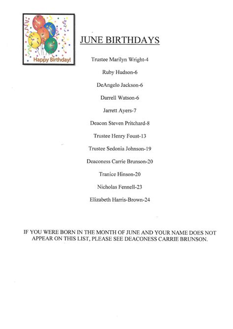 June Birthdays Rehoboth Baptist Church