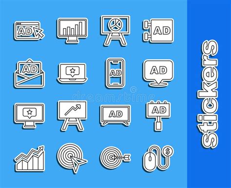 Set Line Advertising Board With Graph Chart Laptop Star And Icon Vector Stock Illustration