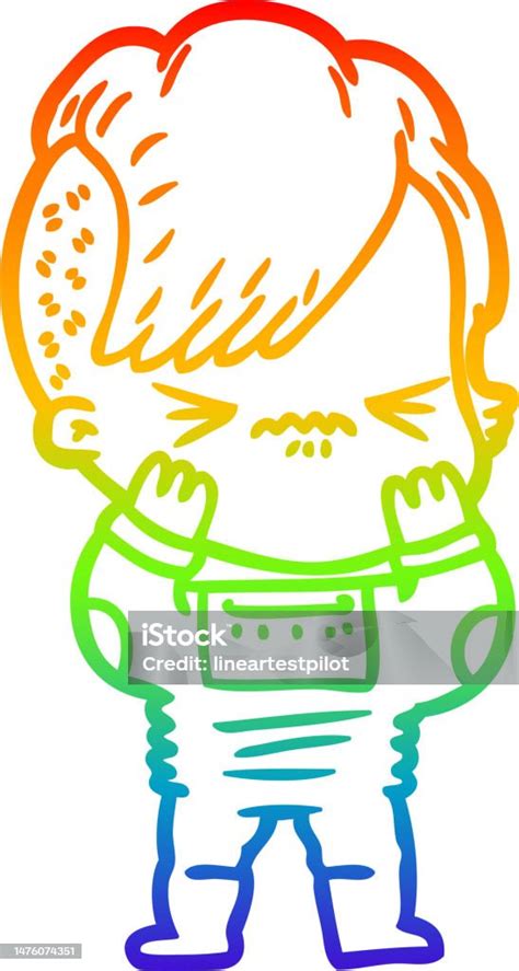 우주복을 입은 만화 짜증나는 힙스터 소녀의 무지개 그라데이션 선 그리기 고풍스런에 대한 스톡 벡터 아트 및 기타 이미지 고풍스런 그라데이션 낙서 드로잉 Istock