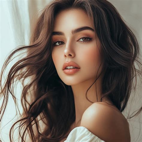A Woman With Brown Hair And A White Dress With A Green Eye Premium Ai
