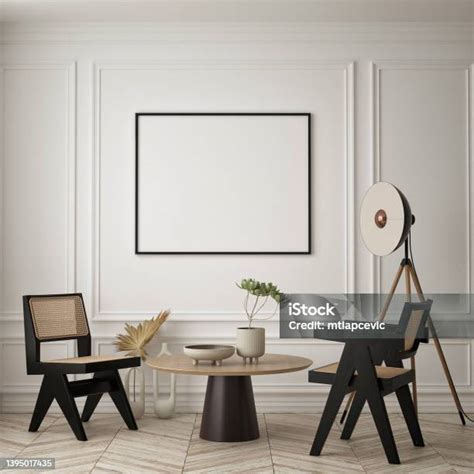 현대적인 인테리어 배경 거실 스칸디나비아 스타일 3d 렌더 3d 일러스트레이션의 포스터 프레임을 모의 0명에 대한 스톡 사진 및 기타 이미지 Istock