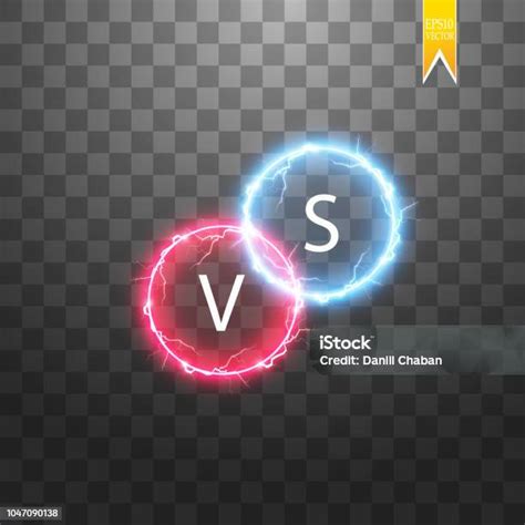 따뜻한 것과 차가운 스파클링 강도입니다 투명 한 배경에서 격리 한 전기 방전 번개 에너지 빨간색과 파란색 빛으로 두 세력의 충돌 벡터 일러스트입니다 V S 개념에 대한 스톡