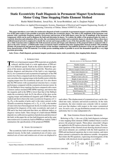 Pdf Static Eccentricity Fault Diagnosis In Permanent Magnet Synchronous Motor Using Time