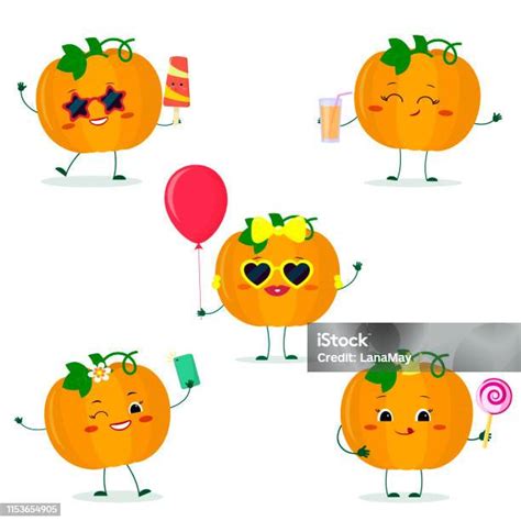 만화 스타일의 다섯 귀 엽 다 귀여운 호박 채소의 집합입니다 아이스크림 풍선 사탕을 가진 안경 주스와 함께 셀 카 전화 평면 벡터 일러스트 레이 션 감정에 대한 스톡 벡터