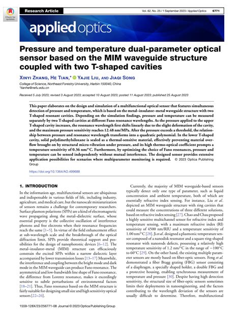 Pressure And Temperature Dual Parameter Optical Sensor Based On The Mim Waveguide Structure