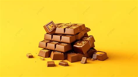 흩어져있는 초콜릿 조각 3d 일러스트와 함께 겨자 배경에 가까이 서있는 밀크 초콜릿 바 초콜릿 조각 다크 초콜릿 화이트 초콜릿 배경 일러스트 및 사진 무료 다운로드