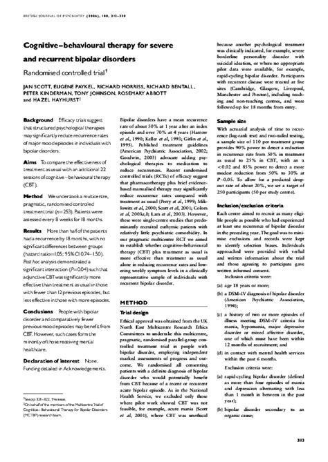 Pdf Cognitive Behavioural Therapy For Severe And Recurrent Bipolar Disorders Randomised