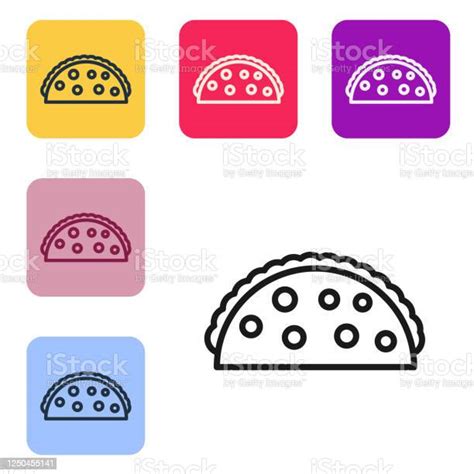 흰색 배경에 고립 된 토르티야 아이콘과 검은 줄 타코 전통적인 멕시코 패스트 푸드 메뉴 색상 정사각형 단추로 아이콘을 설정합니다 벡터 일러스트레이션 개념에 대한 스톡 벡터