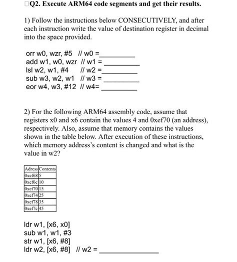 Solved Q2 Execute Arm64 Code Segments And Get Their