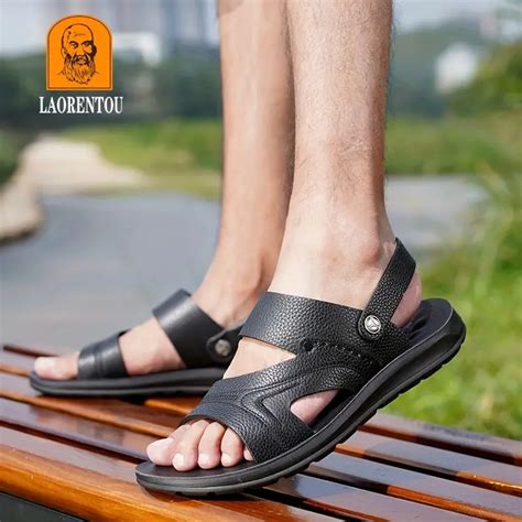 Laorentou Mens Open Toe Genuine Leather Outdoor Casual Sandals Spring