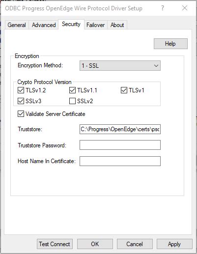 how to use the odbc option validate server certificate on windows with the built in openedge
