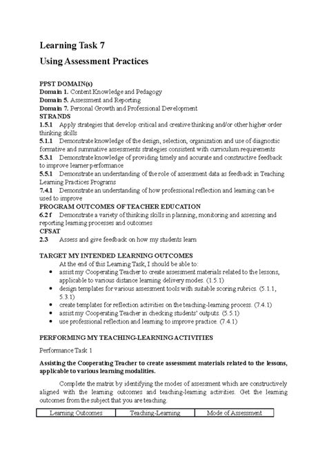 Learning Task 7 Teaching Internship Learning Task 7 Using Assessment Practices Ppst Domain S
