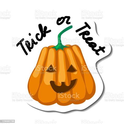 할로윈 오렌지 웃는 호박과 손으로 쓴 문자 문구 트릭 또는 치료 인쇄 할 준비가 스티커 또는 티셔츠 디자인 모든 성도의 날 상징의 이브 스톡 벡터 일러스트레이션 격리 0명에