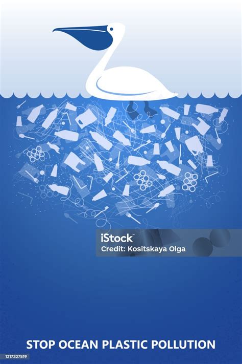 바다 플라스틱 오염을 중지합니다 생태 포스터 펠리컨 흰색 비닐 쓰레기 봉투 파란색 배경에 병물에 공간을 복사합니다 플랫 디자인 0명에 대한 스톡 벡터 아트 및 기타 이미지
