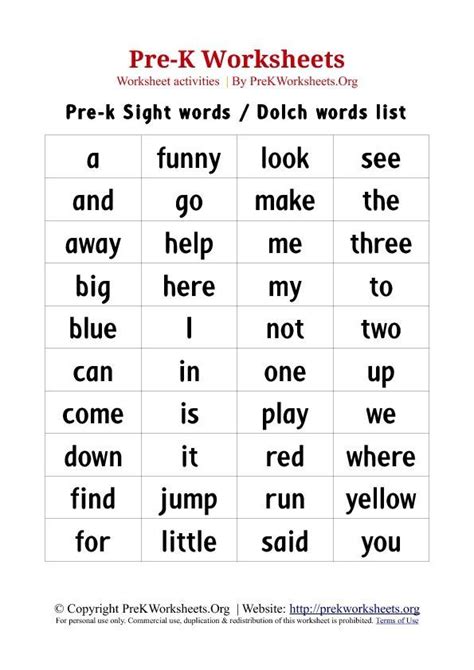 Pre K Sight Words Printable Printable Free Templates