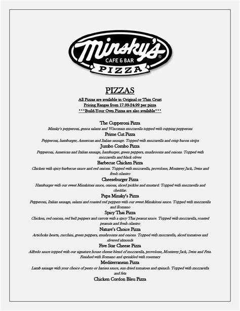 Minsky S Menu Menu At Minskys Pizza Pizzeria Shawnee Renner Rd