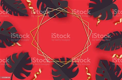 블랙 여름 열대 잎과 종이 컷 스타일의 금 뱀 기하학적 프레임과 색종이와 빨간색 배경에 공예 정글 식물 컬렉션 벡터 카드 블랙 프라이데이 프로모션 디자인 3차원 형태에 대한