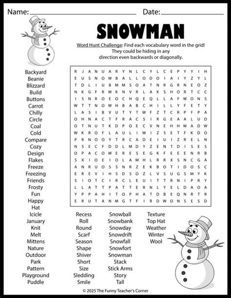 Snowman Word Search Winter Vocabulary Activity 59 Words Grades 36