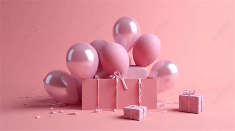 핑크 테마 축하 풍선과 선물 상자가 포함된 3d 렌더링된 배경 테마 배경 풍선 배경 선물 3d 배경 이미지 Hd 테마 풍선 선물 3d 배경 사진 무료 다운로드