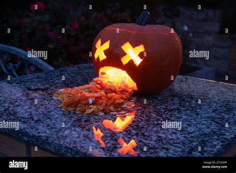 Funny Puking Halloween Pumpkin Glowing With Carved Funny Puking Face