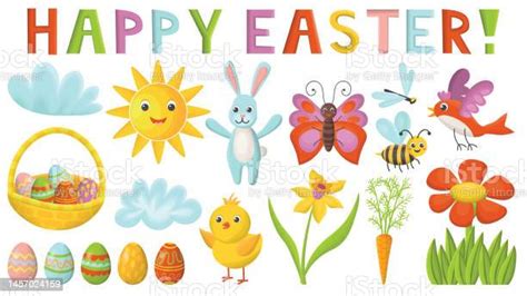 흰색 배경에 격리된 어린이 만화 플랫 스타일의 행복한 부활절 요소의 귀여운 큰 세트 장식용 계란 계란 바구니 파란 토끼 나비 새 수선화 꽃 태양 병아리 꿀벌 바구니에 대한