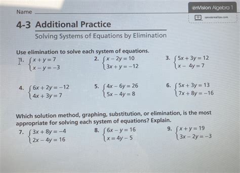 Solved Name Envision Algebra 1 4 3 Additional