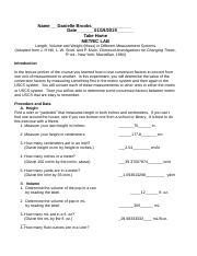 Metric Lab Report Docx Name Danielle Brooks Date Take Home METRIC LAB Length Volume