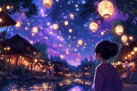 별이 빛나는 하늘 아래 랜턴 일러스트 무료 다운로드 Lovepik