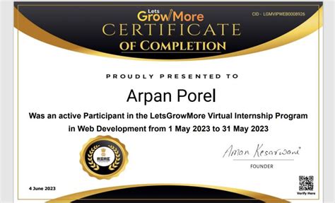 Internship Webdevelopment Opportunity Letsgrowmore Arpan Porel