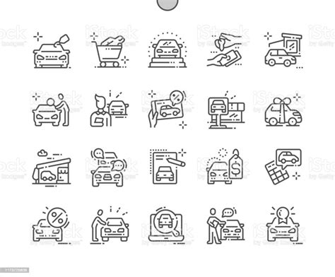 자동차 가게 잘 만들어진 픽셀 완벽한 벡터 얇은 라인 아이콘 30 웹 그래픽 및 응용 프로그램을위한 그리드 2x 간단한 최소한의