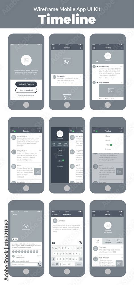 Wireframe Ui Kit For Mobile Phone Mobile App Timeline Feed Post