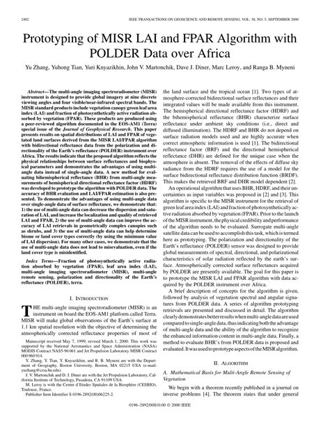 pdf prototyping of misr lai and fpar algorithm with polder data over