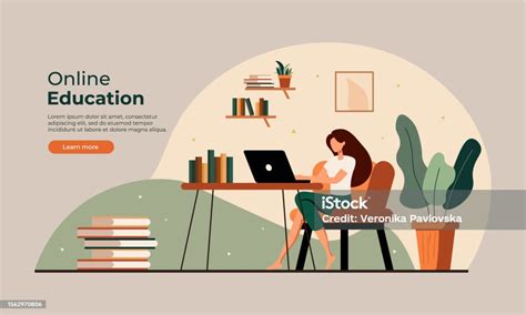 노트북을 들고 집에 앉아 일하는 여자 웹 사이트 페이지의 레이아웃입니다 일 프리랜서 공부 교육 재택 근무를 위한 개념 그림 벡터 일러스트레이션 Eps 10 가상현실에 대한