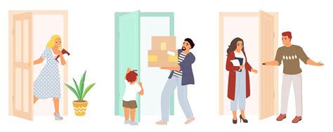 Premium Vector Vector People Come In And Out Of Doors Scene Set