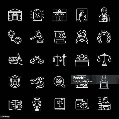 법률 시스템 흰색 선 아이콘 법원 판결 및 법 집행 기호 법률 및 시민 테마에 이상적입니다 검은 배경에 기호 편집 가능한 스트로크 검은색에 대한 스톡 벡터 아트 및 기타