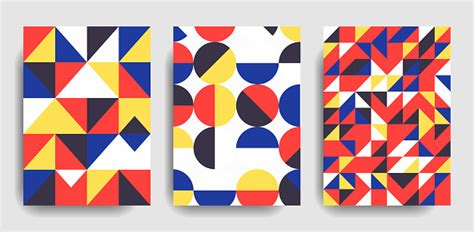 복고풍 기하학적 커버 세트 스위스 모더니즘 플랫 레트로 기하학적 으로 디자인이 적용됩니다 다채로운 모더니즘 간단한 모양 구성 미래 지향적인 패턴 벡터 Eps 10 0명에
