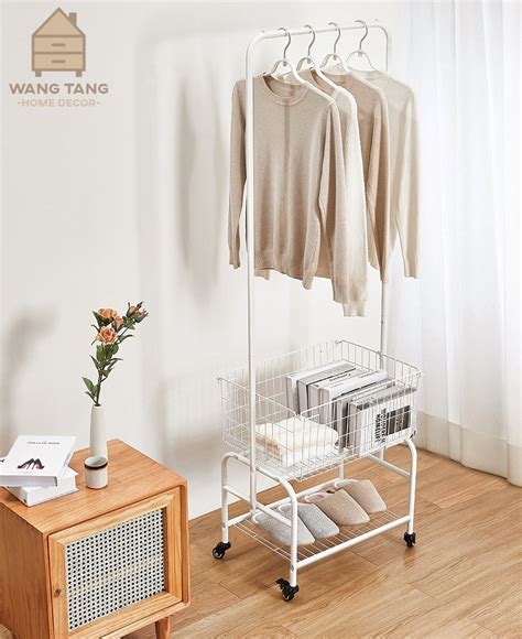 ราวแขวนผ้าเหล็กแบบมีล้อ Style Muji ราวแขวนผ้ามินิมอล รุ่น Simply Basket And Coat Rack Wangtangdecor