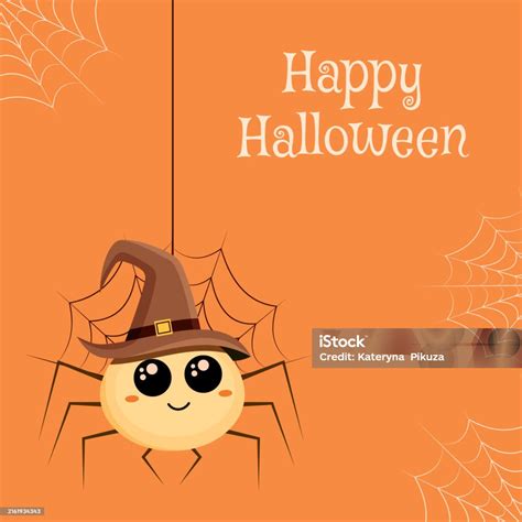 즐거운 할로윈 보내세요 마녀 모자와 거미줄을 입고 귀여운 만화 거미 인사말 카드 포스터 배너 벡터 일러스트 레이 션 10월에