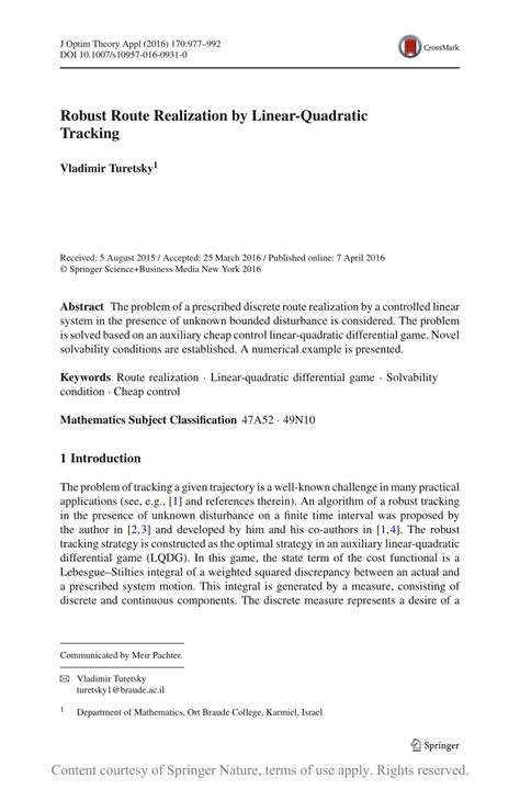 Robust Route Realization By Linear Quadratic Tracking Request Pdf