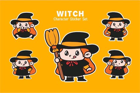 귀여운 마녀 할로윈 캐릭터 일러스트 스티커 세트 프리미엄 벡터