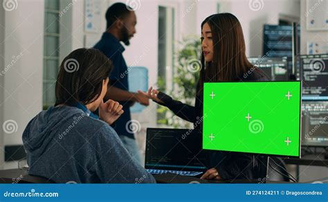 Asian It Engineers Analyzing Greenscreen On Computer And Coding Database Stock Image Image Of