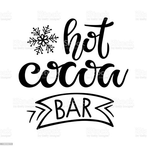 뜨거운 코코아 바 레터링 기호 흰색 배경에 격리 된 눈송이텍스트입니다 뜨거운 코코아 따옴표 손으로 그린 실루엣 아트 웨딩 핫