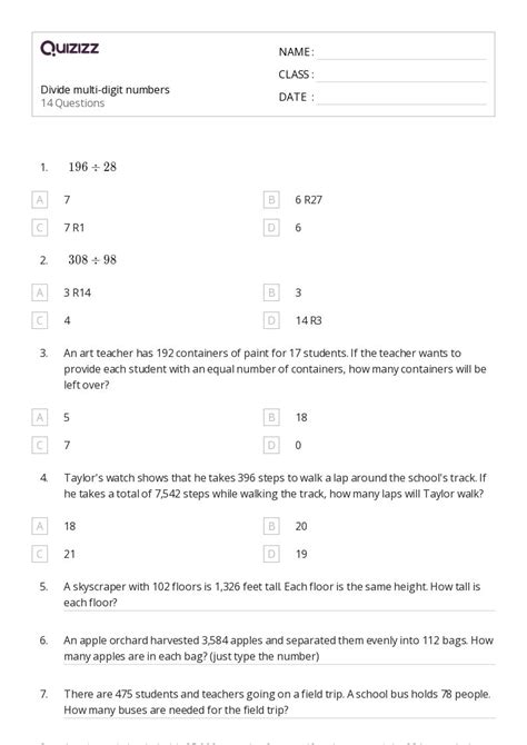 50 Multi Digit Numbers Worksheets For 6th Class On Quizizz Free And Printable