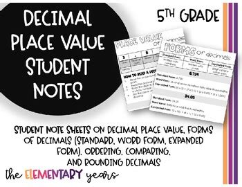 Decimal Place Value Student Notes Includes Rounding Comparing