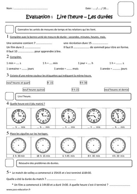 Lire Lheure Durées Ce2 Evaluation Pass Education