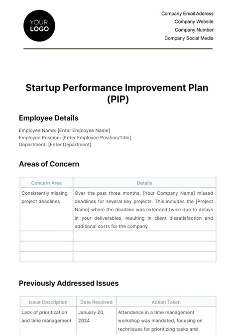 Free Startup Performance Improvement Plan Pip Template To Edit Online