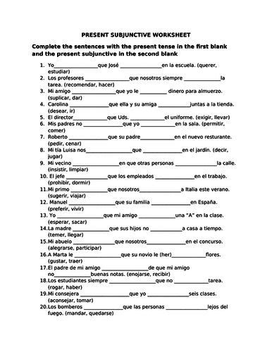 Present Subjunctive Worksheet Practice Teaching Resources