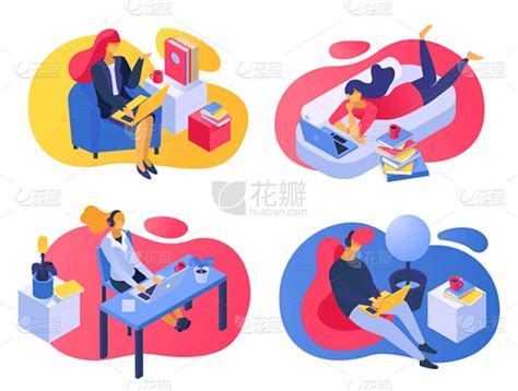 矢量职业人计算机绘画插图笔记本电脑工作场所女人性格家庭作业素材 花瓣网