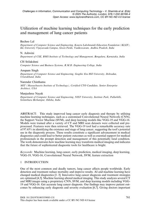 Pdf Utilization Of Machine Learning Techniques For The Early Prediction And Management Of Lung