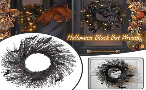 Artificial Halloween Wreath With Lights Black Bat Wreath